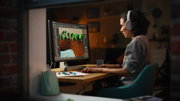 Female Video Game Designer Works on a New 3D Level on Her Personal ...