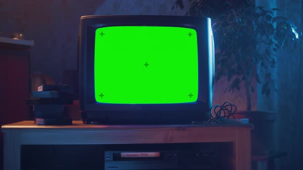 Close Up Footage of a Dated TV Set with Green Screen Mock Up Chroma Key ...
