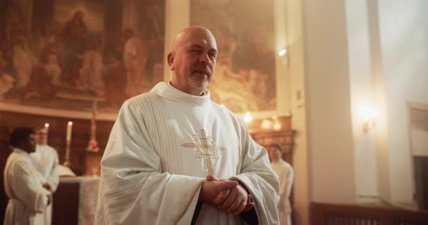 In Grand Old Church Minister Leads The Holy Communion Ceremony, Guiding ...