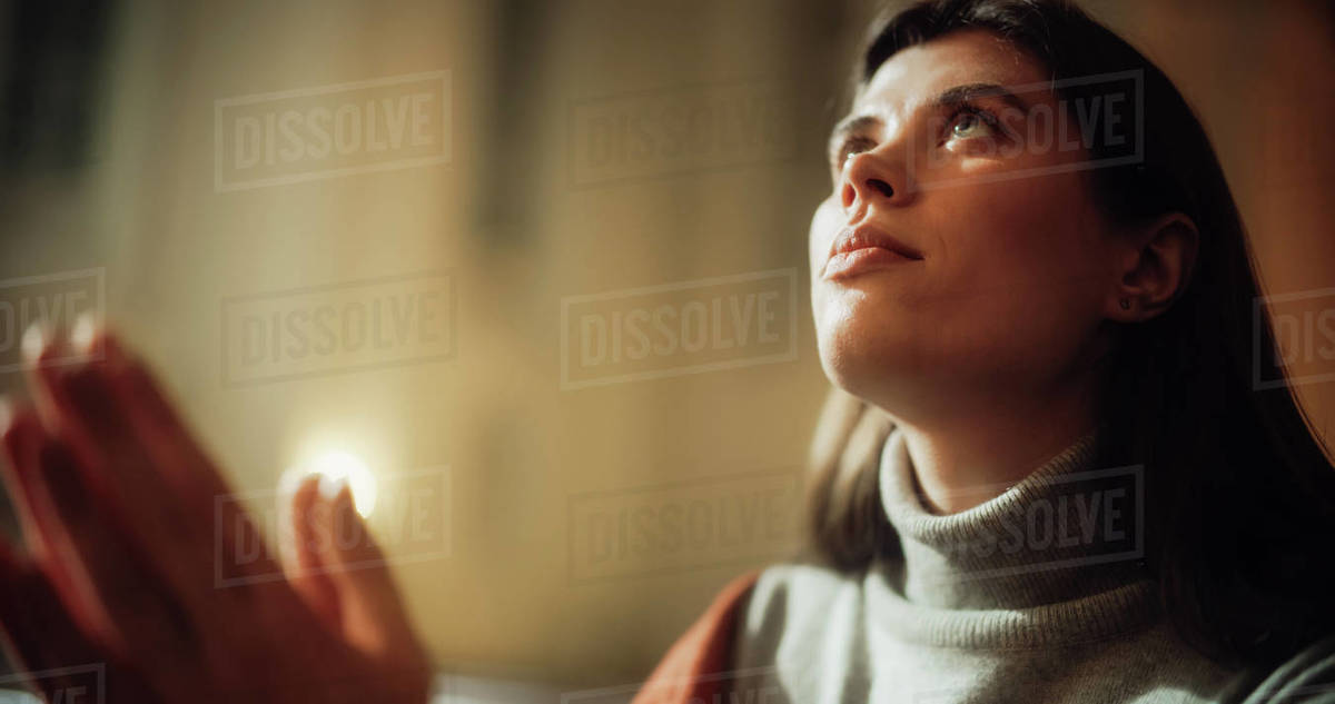 Christian Woman Sits Piously in Church, Praying, Seeks Guidance and ...