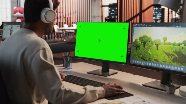 Indian Male Game Designer Using Desktop Computer With Green Screen ...