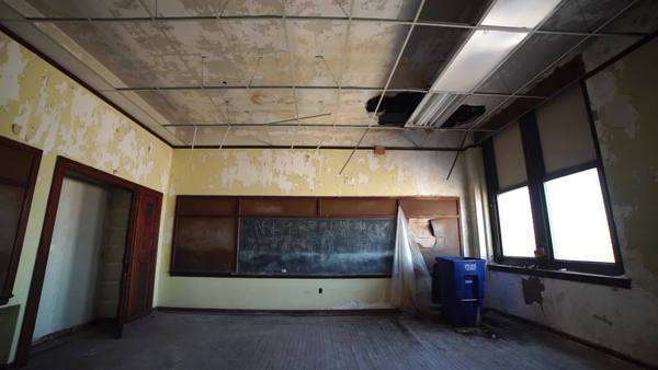 Abandoned and destroyed school hallway - Stock Video Footage - Dissolve