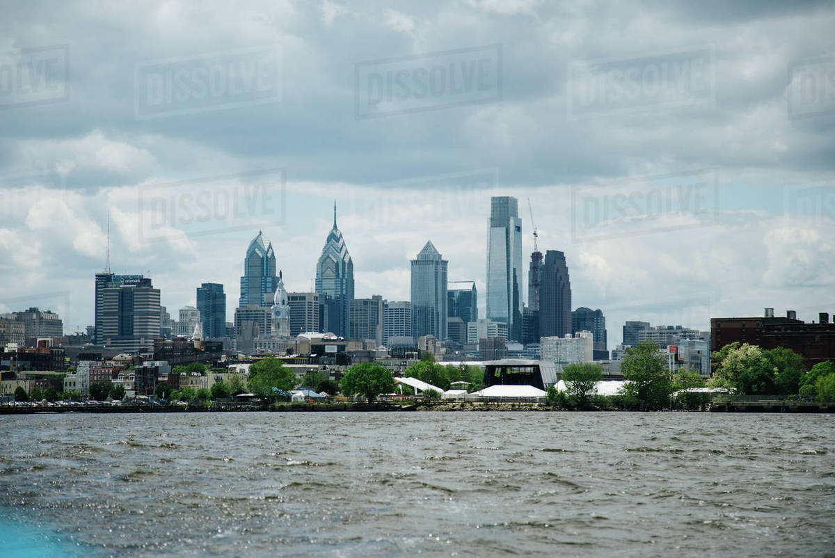 View of Delaware river with downtown in background, Philadelphia ...