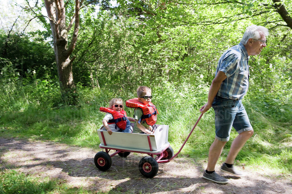 Grandfather pulling children in cart - Royalty-free Stock Photo | Dissolve