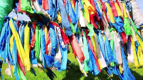 Shaman Adak Tree, prayer's flag, Mongolia - Stock Video Footage - Dissolve