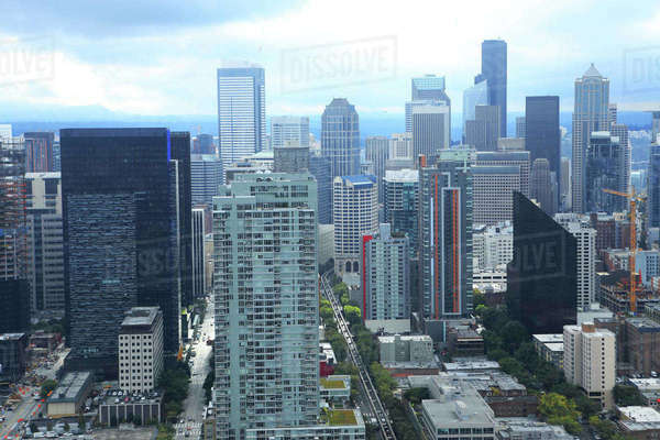 An aerial of the Seattle, Washington city center - Stock Photo - Dissolve