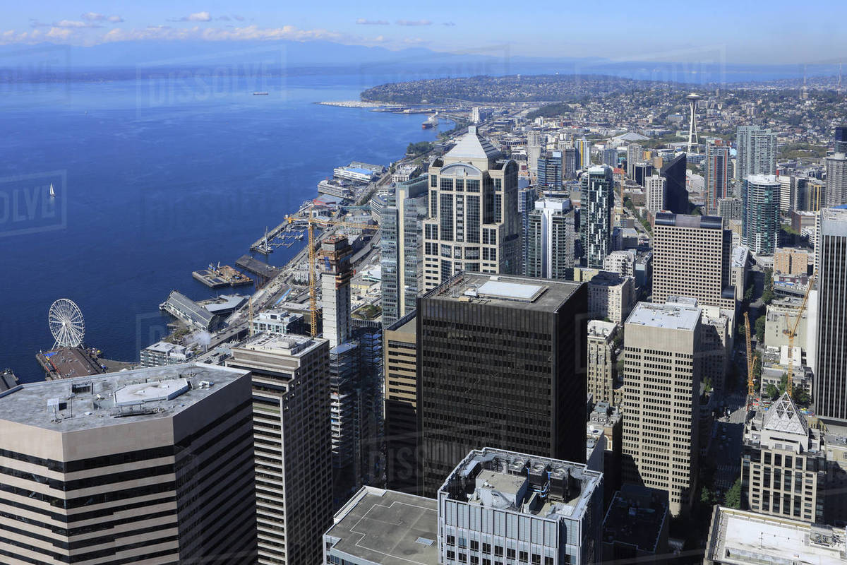 An aerial of Seattle, Washington downtown - Stock Photo - Dissolve