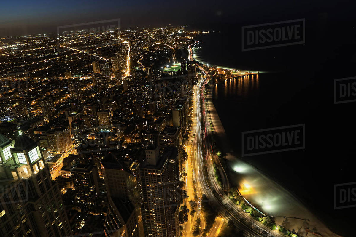 An Aerial view of Chicago at night along lake - Royalty-free Stock ...