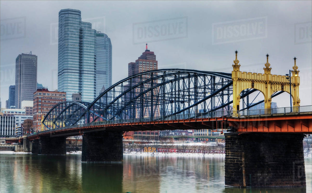 Colorful bridge with Pittsburgh, Pennsylvania skyline - Stock Photo ...