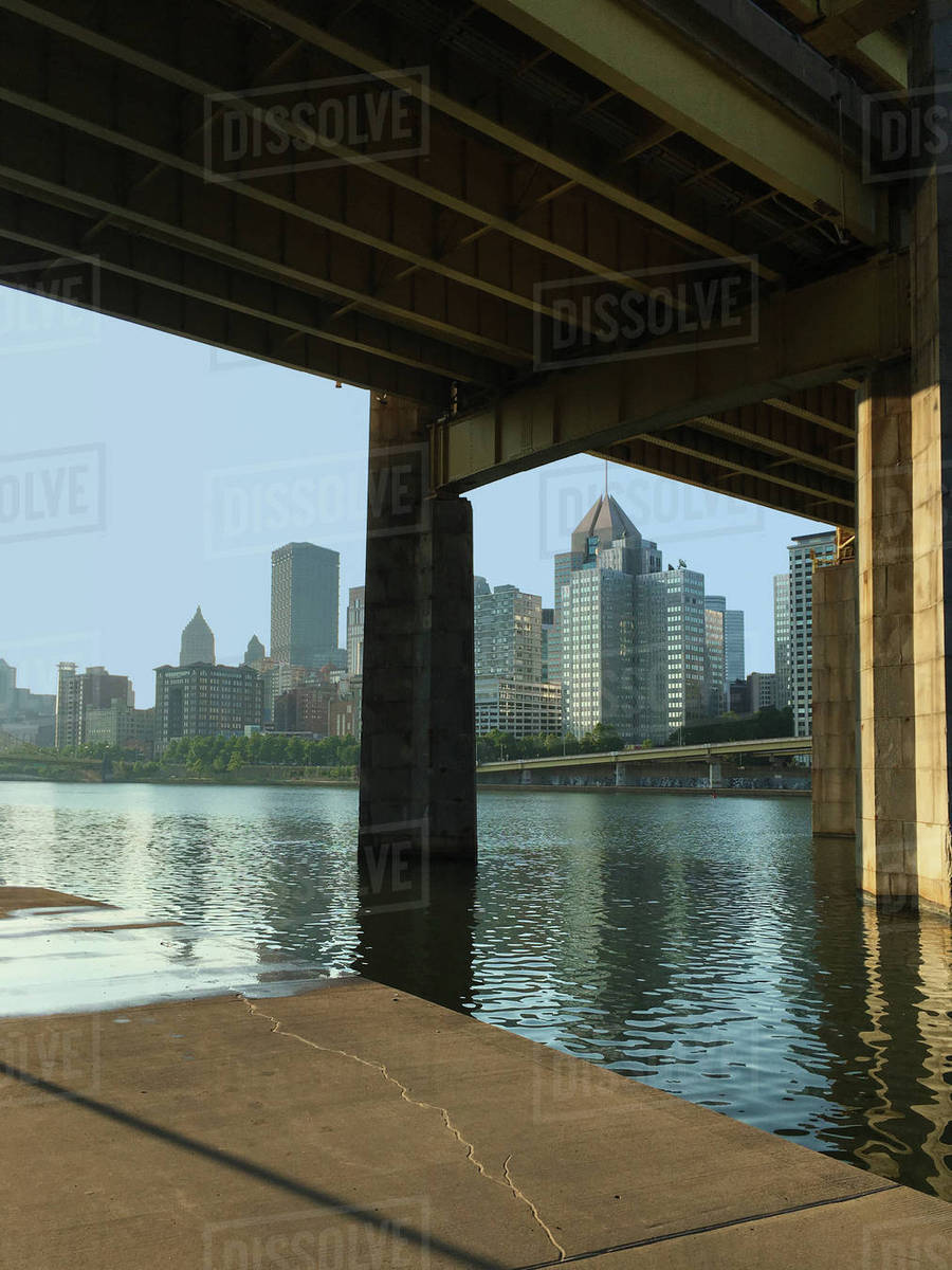 Vertical view of bridge and Pittsburgh skyline - Royalty-free Stock ...