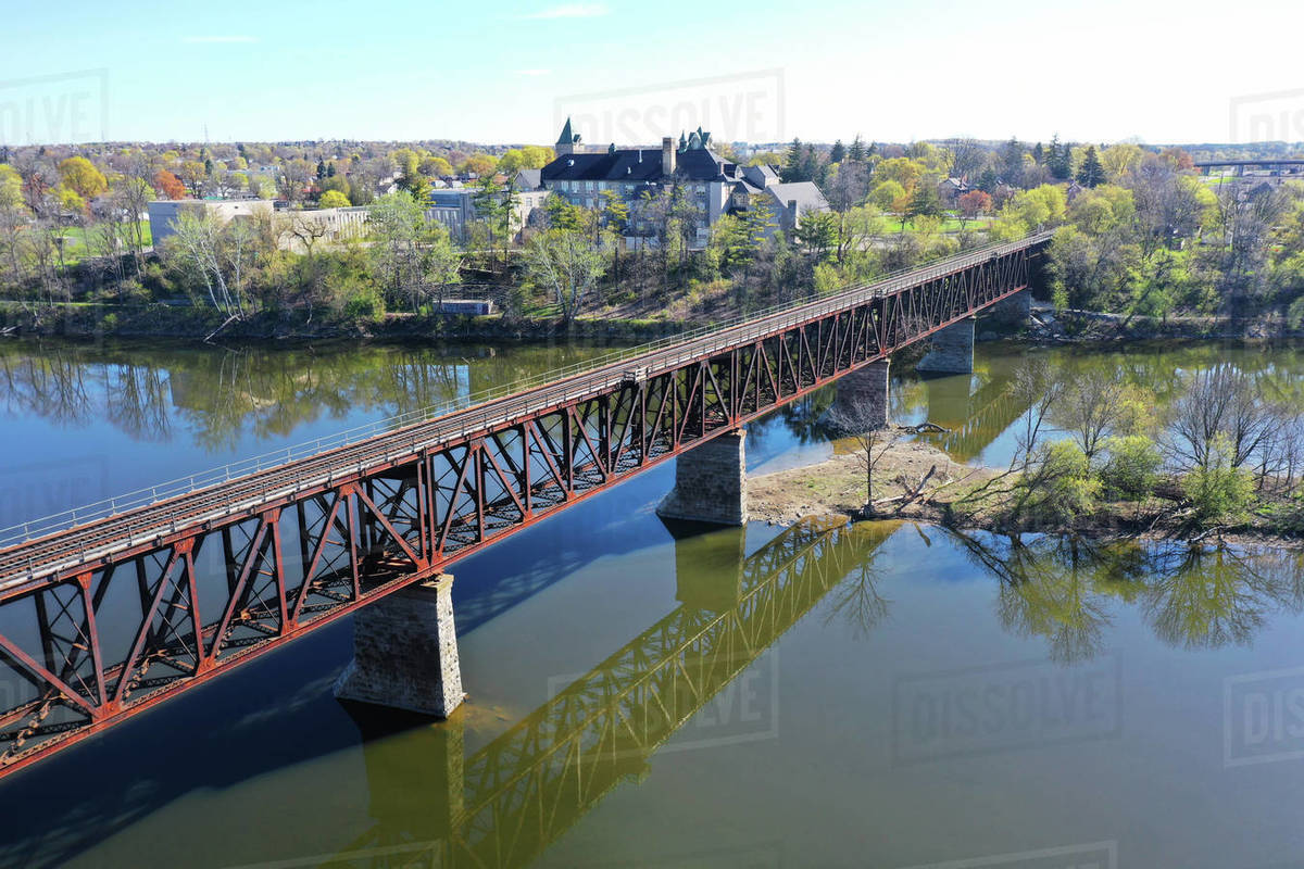 An aerial view of the railway bridge in Cambridge, Ontario, Canada ...
