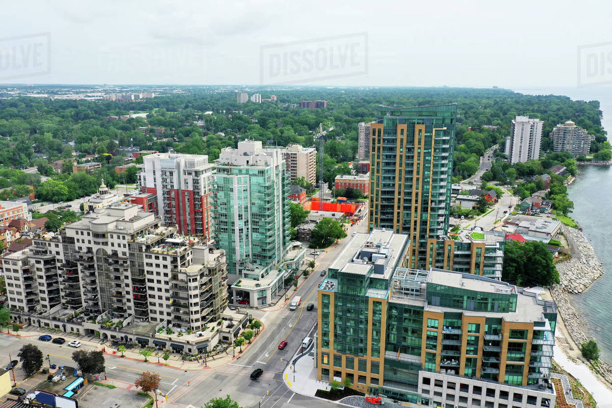 An aerial view of the waterfront in Burlington, Ontario, Canada ...