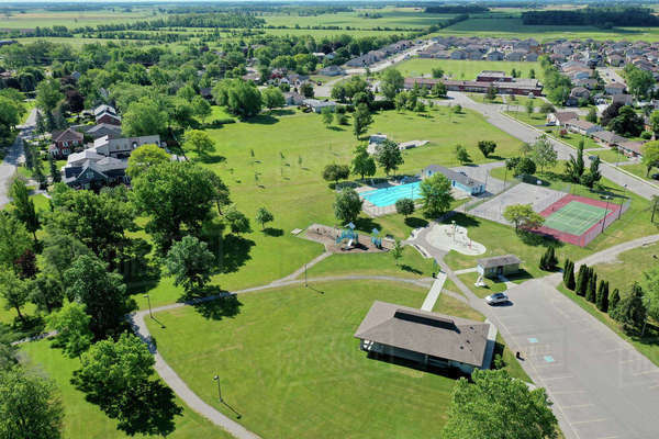 An aerial of Grant Kett Park in Hagersville, Ontario, Canada - Royalty ...