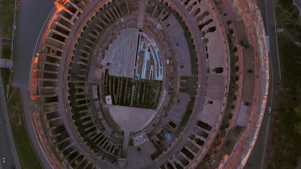 Colosseum interior aerial shot drone top down bird eye view Rome, Italy ...