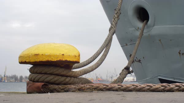 Moored Ship Swinging on Waves Moving Mooring Ropes Up and Down on ...