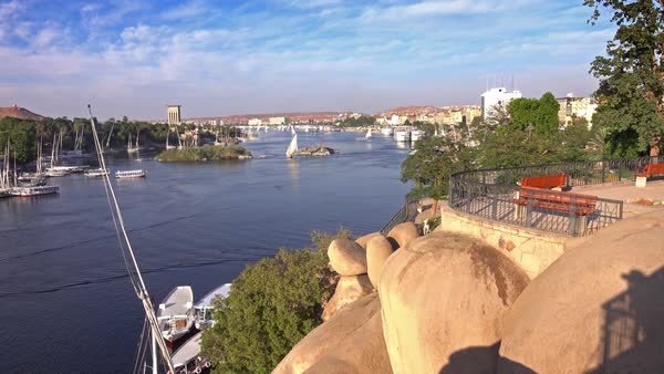 Beautiful panorama landscape with felucca boats on Nile river in Aswan ...