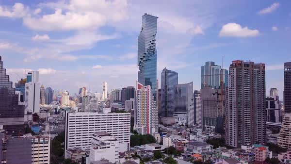 Pulling-Up Aerial Shot of the famous King Power Mahanakhon tower in ...