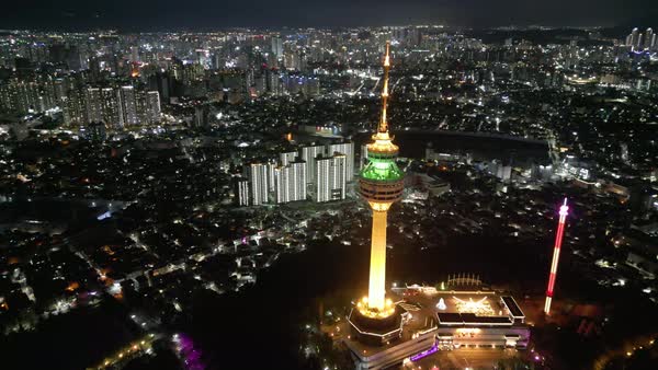 Iconic Korean Daegu tower 83 illuminated landmark aerial view reversing ...