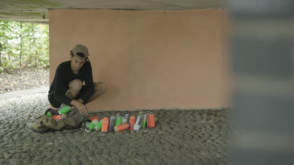 Graffiti artist taking photo of completed artwork with camera phone ...