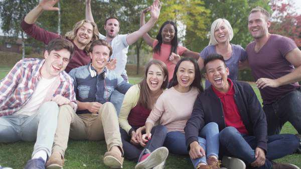 Happy close group of friends in natural outdoor setting. - 4K Royalty ...