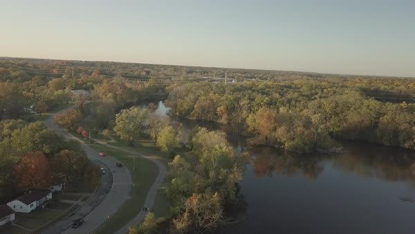 Aerial shot of river surrounded by trees, South Bend, Indiana, United ...