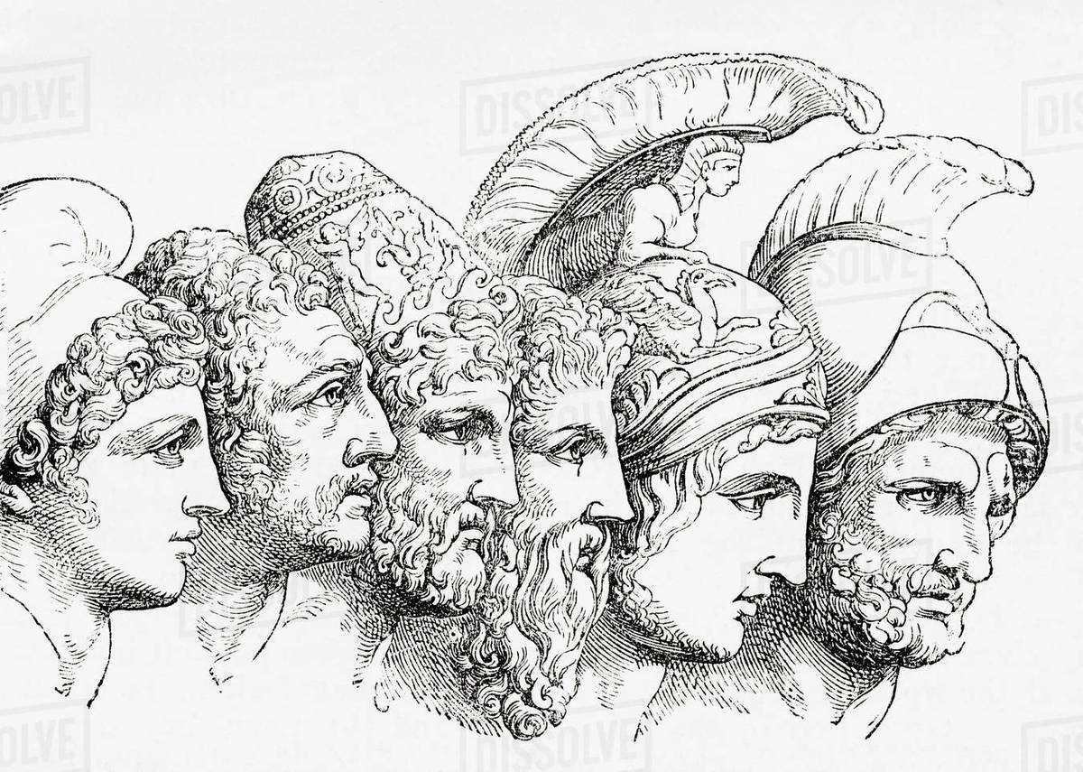 The heroes of the Trojan War. From left to right, Paris, Diomedes ...
