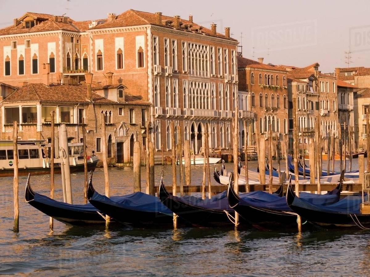 Row Of Gondolas, Buildings In Background - Stock Photo - Dissolve