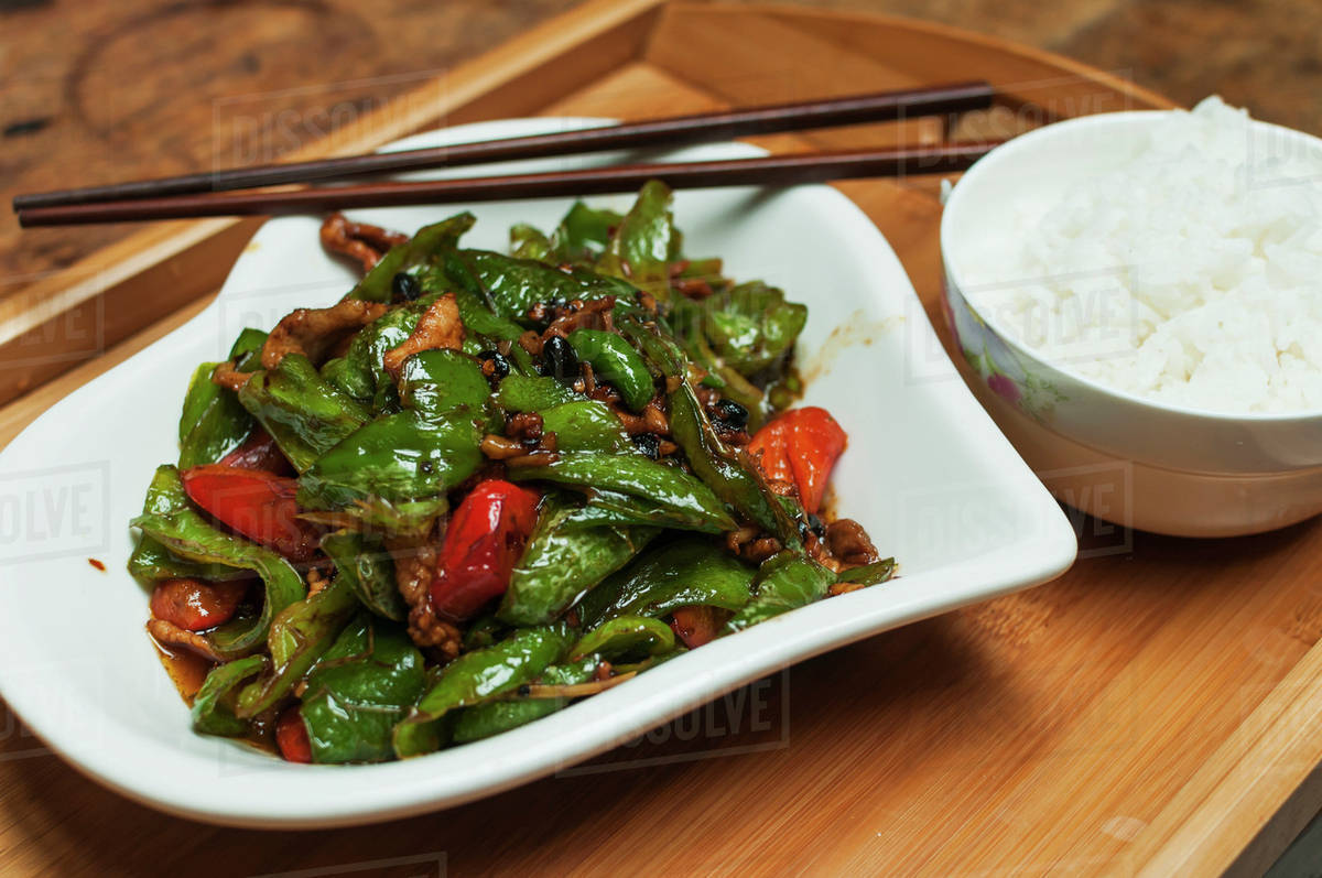 Typical Chinese green pepper and pork called HuiGuoRou; Wuhan, Hubei ...