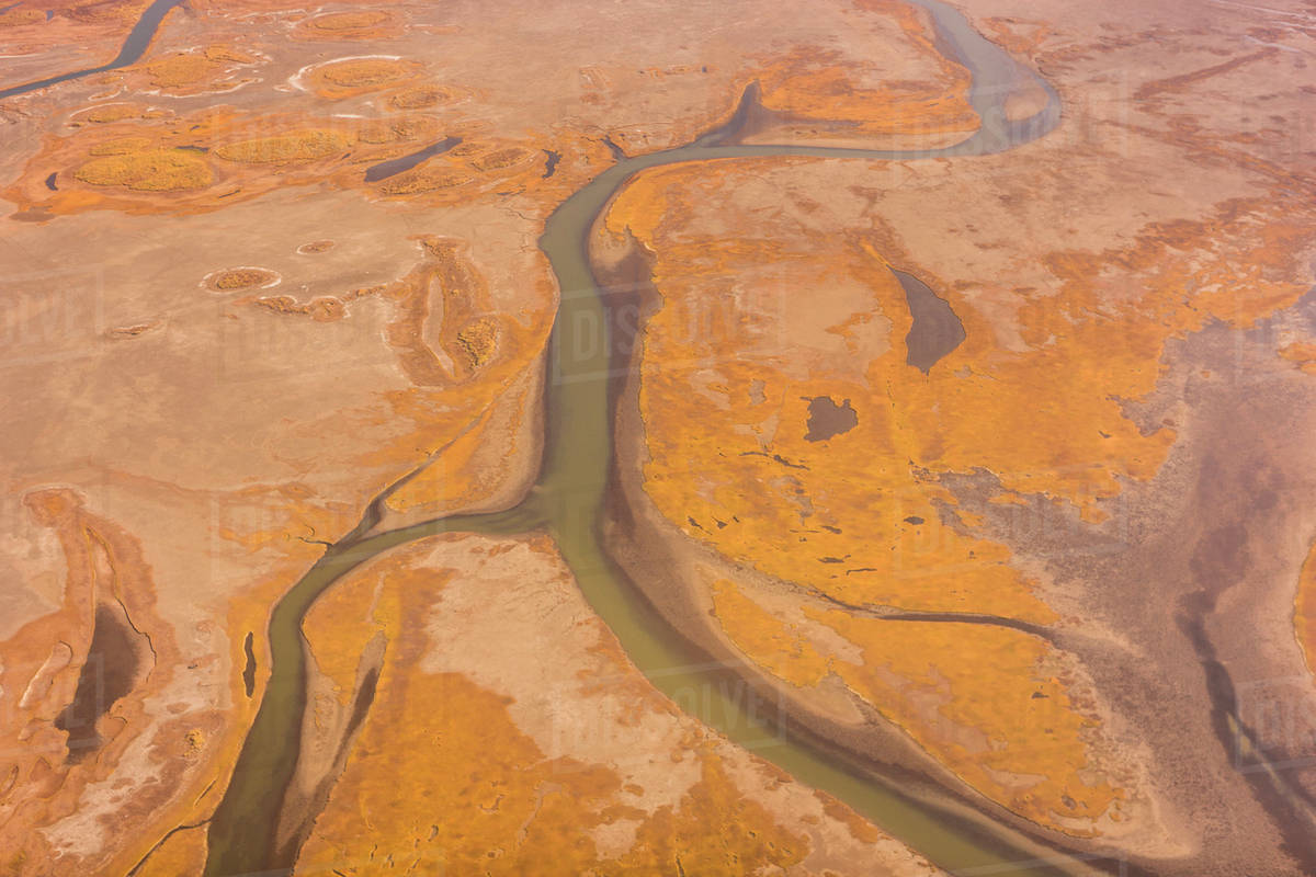 Aerial view of a branch of the Noatak River, lakes and tundra; Noatak ...