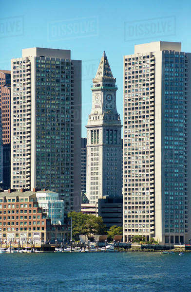 Boston skyline as seen from the bay, the Custom House Tower is between ...