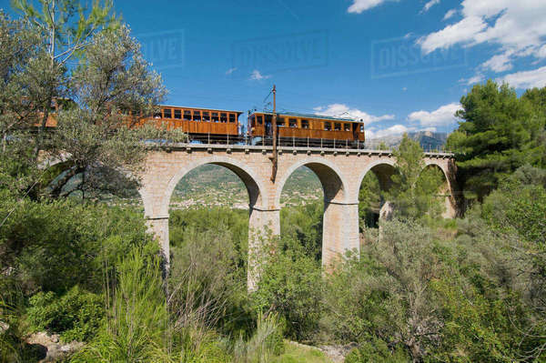 Train Going Over Viaduct Above Olive Grove, Majorca,Balearic Islands ...