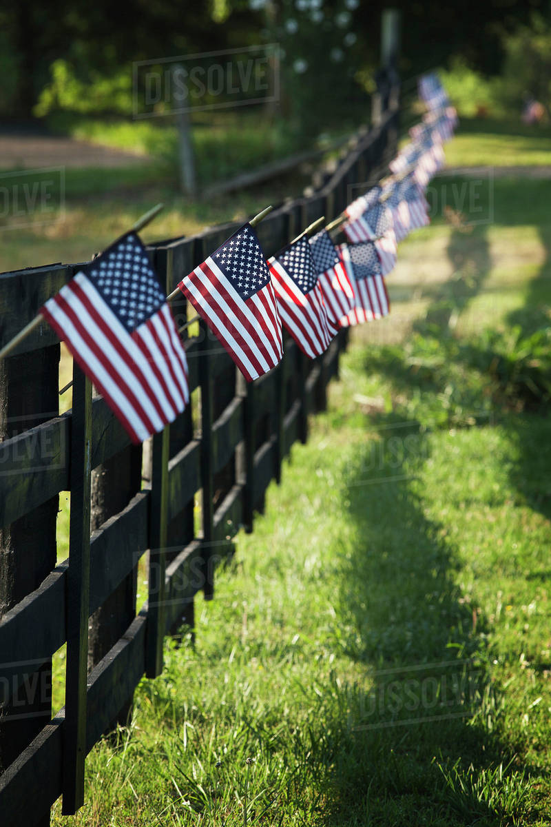 Black wooden fence trailing off with small US flags hanging from each ...