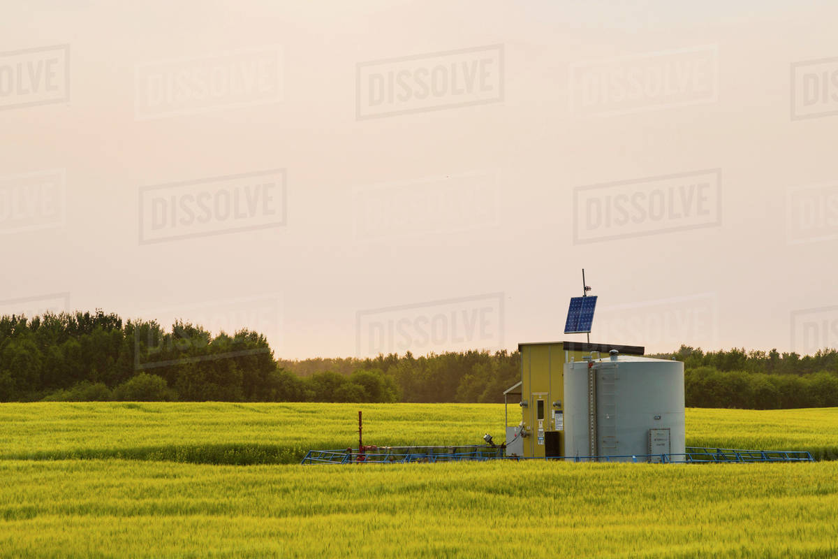 Oil field storage tank and pump station of pipeline in canola field; St ...