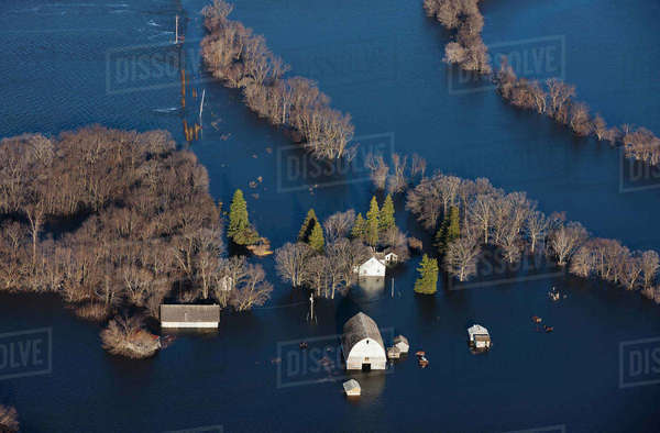 Agriculture - Late afternoon aerial view of flooded farmland, a flooded ...