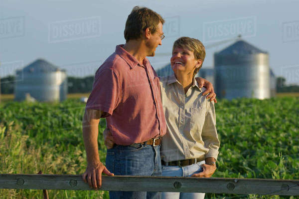 Agriculture - Husband and wife farmers in their mid growth soybean ...