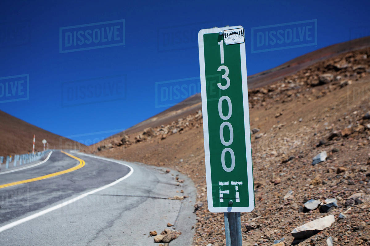 Elevation sign along road on the way to Mauna Kea; Island of Hawaii ...