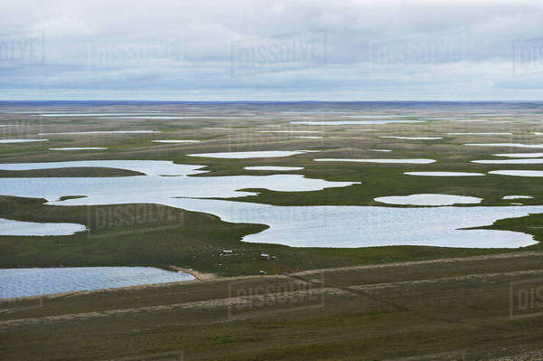 View of tundra and ocean from Mount Pelly, near Cambridge Bay; Nunavut ...