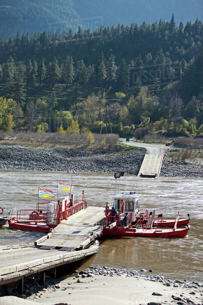 The Lytton cable ferry crossing the Fraser River, North of Lytton ...