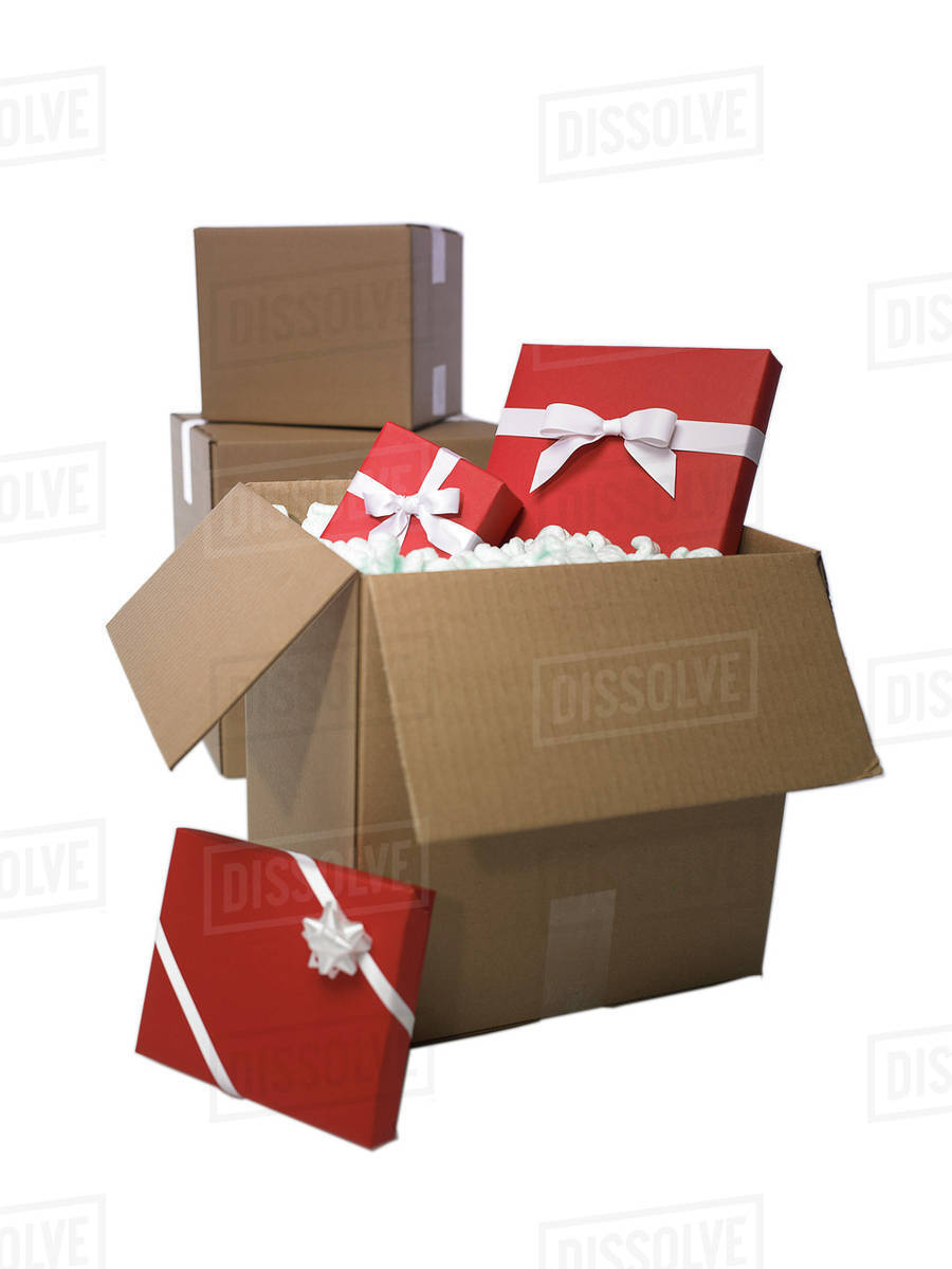 Red boxes with white ribbon packed in shipping boxes - Royalty-free ...