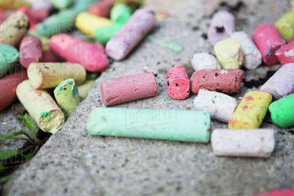 Colourful sidewalk chalk on the pavement; Toronto, Ontario, Canada ...
