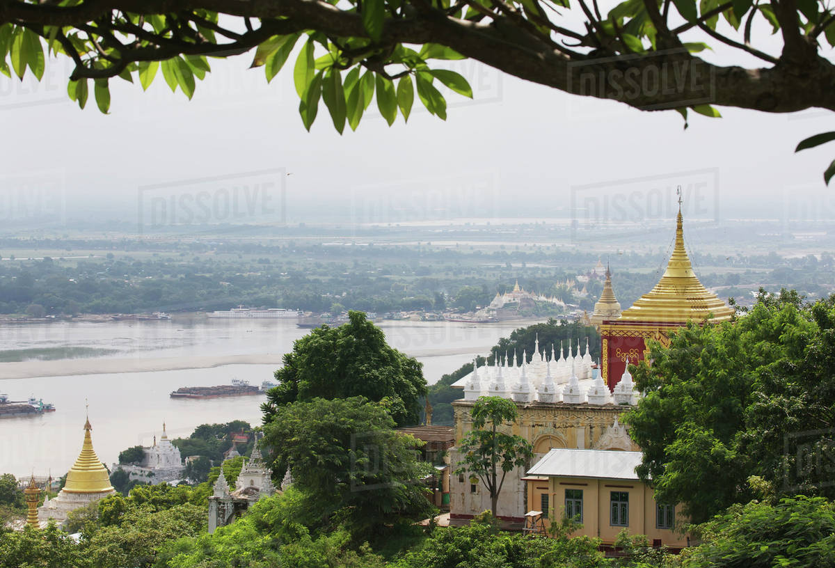 Buddhist temples and the Ayeyarwady River; Sagaing, Sagaing Region ...