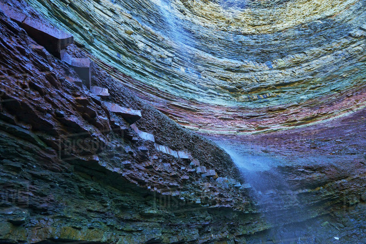 Stratified rock segments with waterfall; Stoney Creek, Ontario, Canada ...