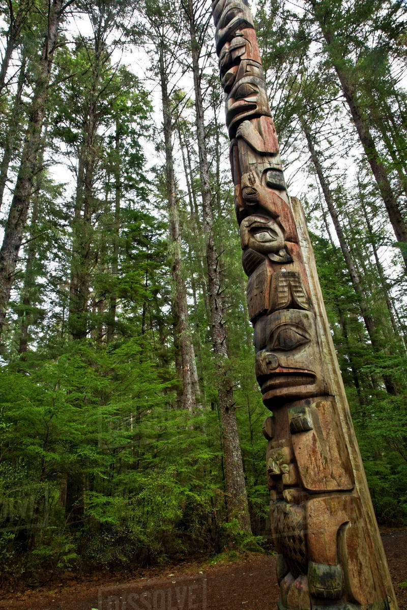 A totem pole along the Totem Trail, surrounded by forest, Sitka ...