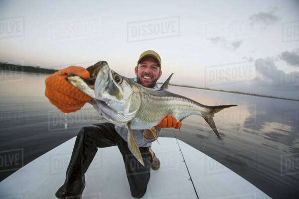 A man proudly holds a large fresh caught fish on the stern of a boat ...