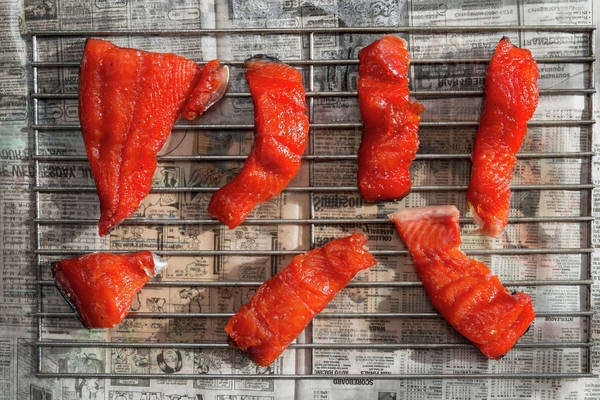 Pieces Of Kenai River Red Sockeye Salmon Sitting On Drying Racks In ...