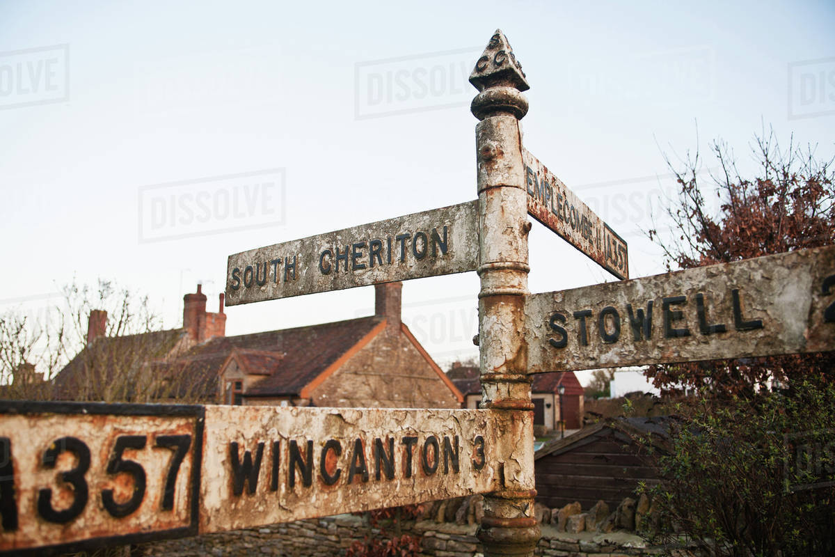 Old style road sign on A357 on the edge of South Cheriton village ...
