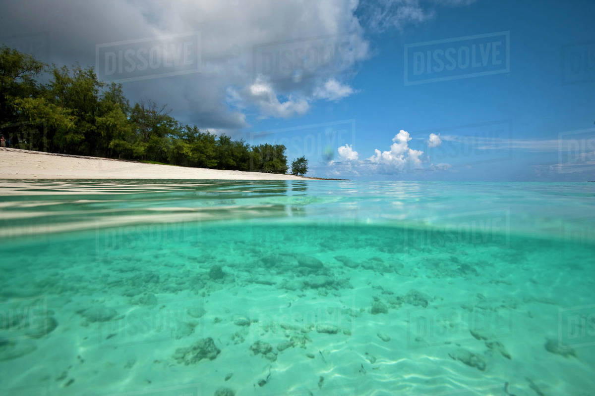 Split view of blue water and white sand in the Seychelles; Assumption ...