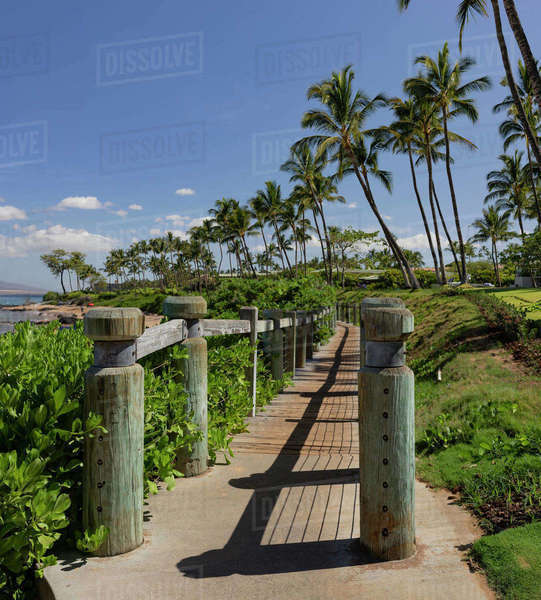 Inviting walkway along the beachfront in the Wailea Resort Area lined ...