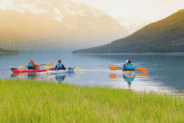 Recreational kayak touring, Eklutna Lake, Chugach State Park; Alaska ...