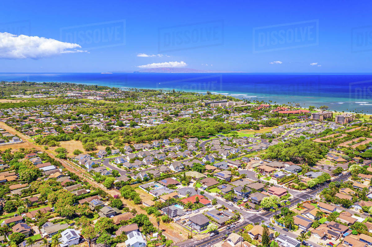 Aerial view of Kihei Town and the rooftops of commercial and ...